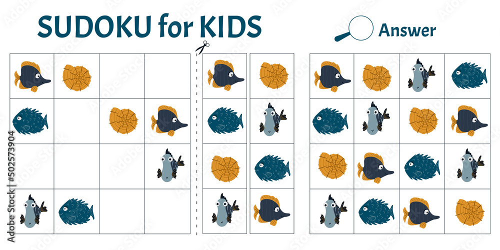 Sudoku game for kids with pictures of sea animals. Children's activity ...