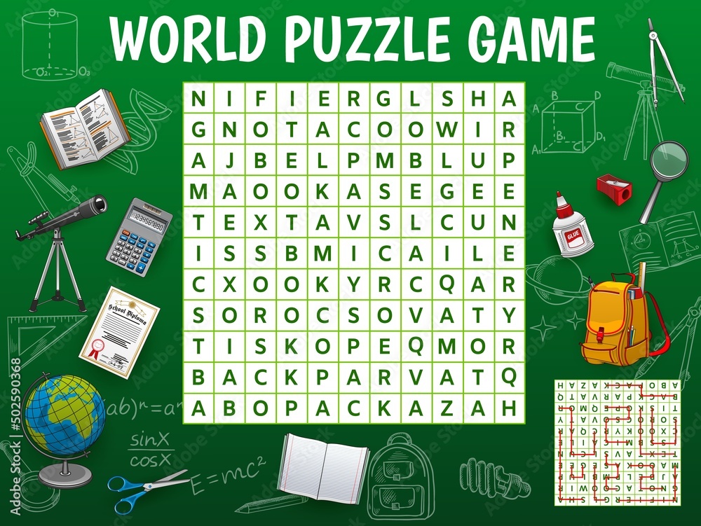 School education items word search puzzle game vector worksheet. Quiz ...
