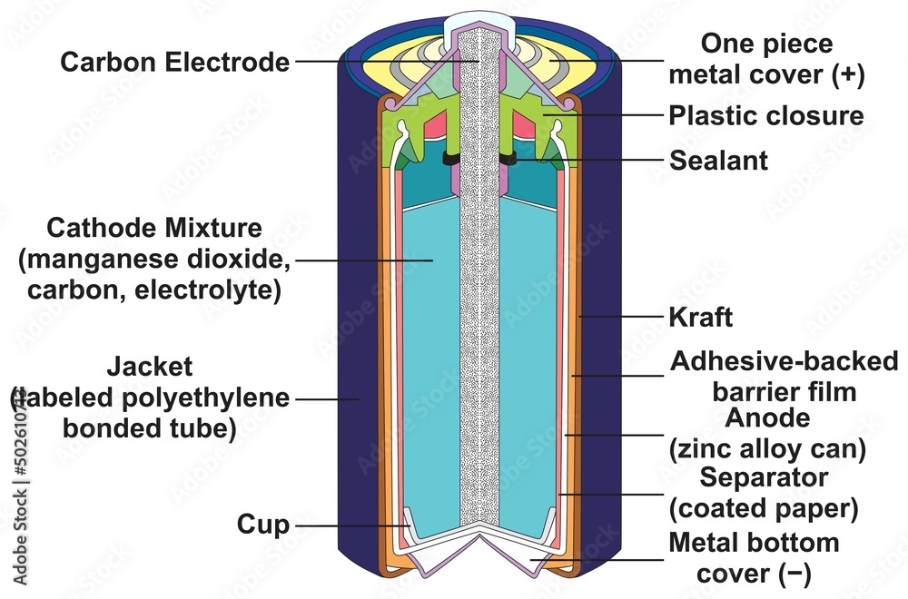 เวกเตอร์ Stock Dry cell battery parts infographic diagram for science ...
