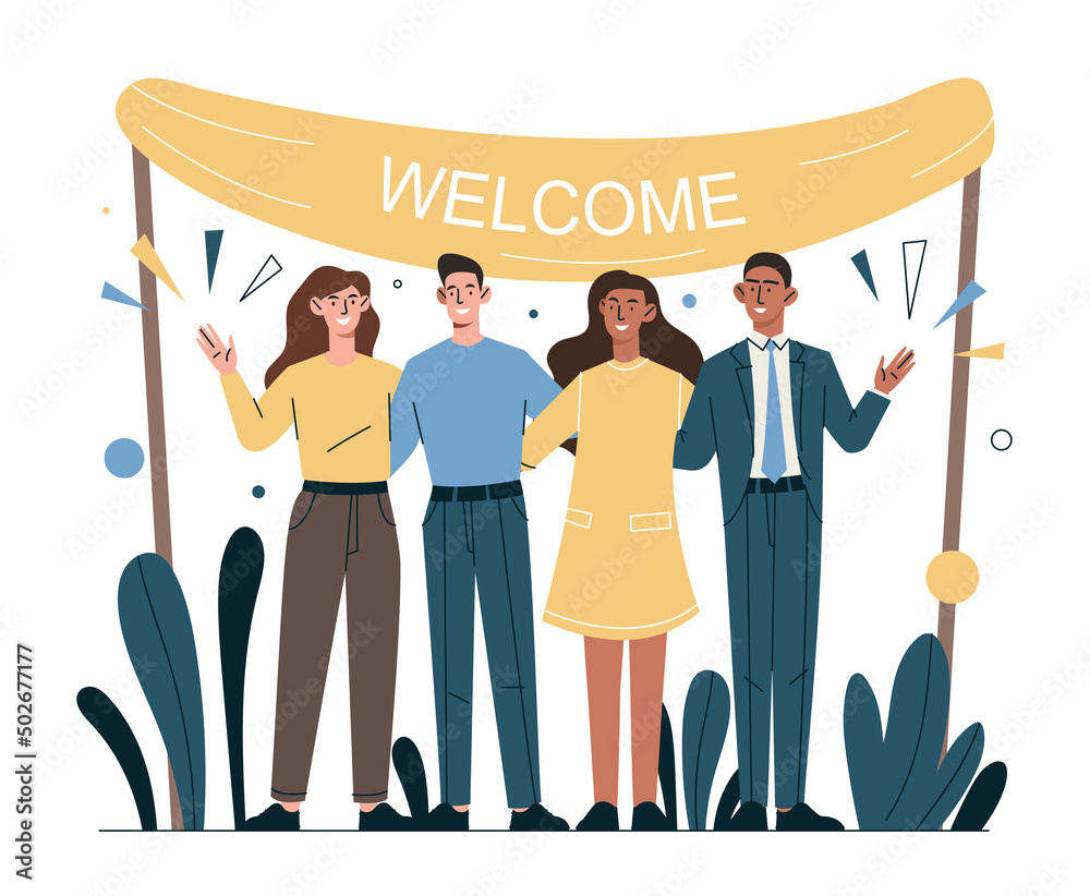 People hugging each other. Characters with welcome poster. Friendly ...