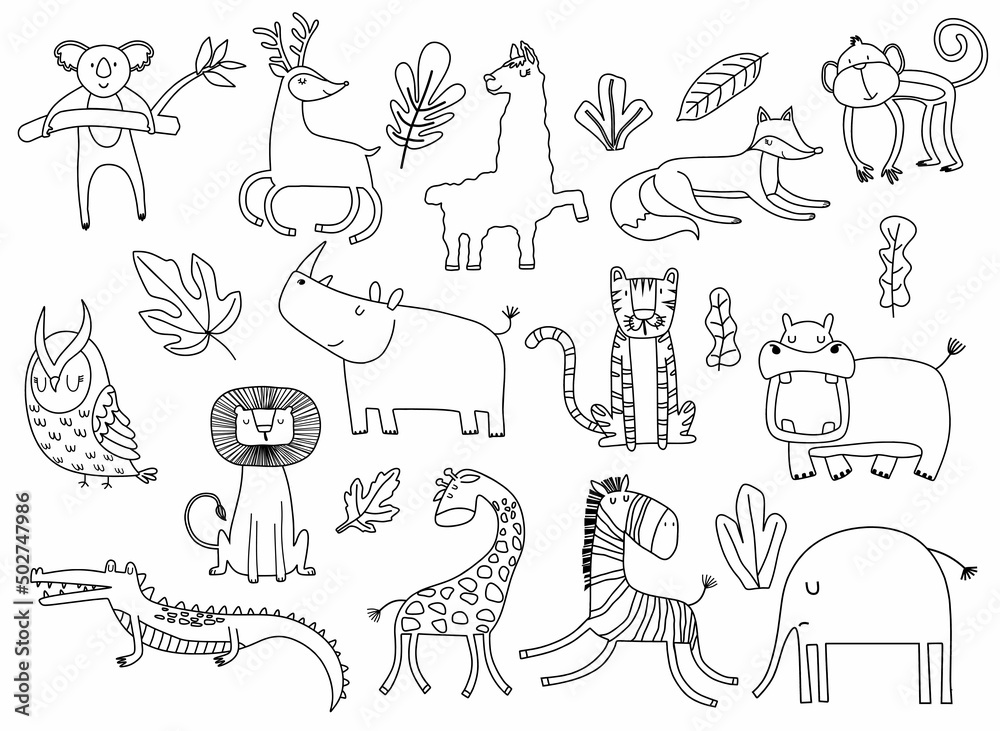 cartoon big set of cute doodle animals. Stock Vector | Adobe Stock