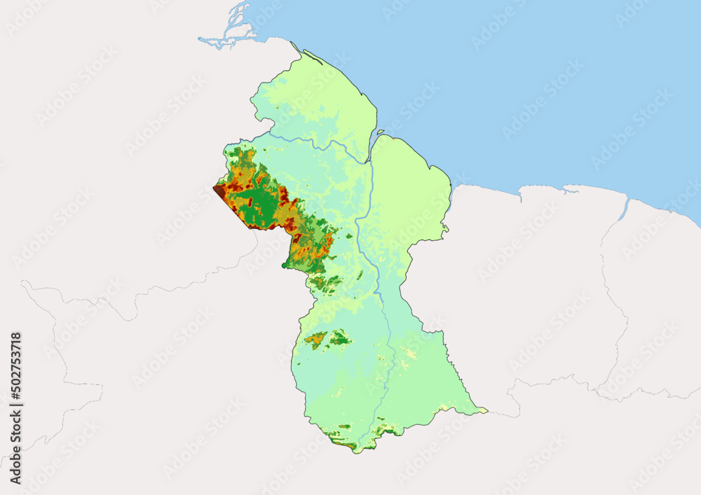 High detailed vector Guyana physical map, topographic map of Guyana on white with rivers, lakes ...
