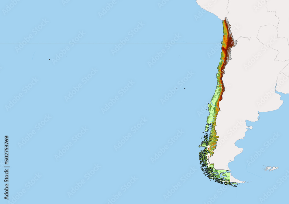 High detailed vector Chile physical map, topographic map of Chile on ...
