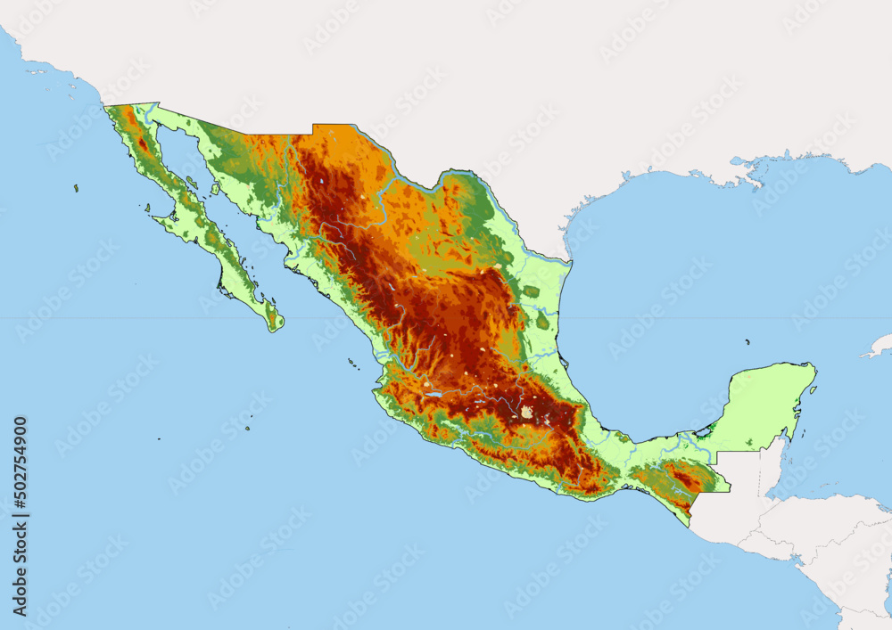 High detailed vector Mexico physical map, topographic map of Mexico on ...