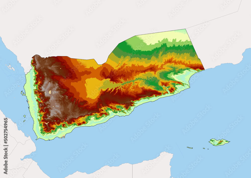 High detailed vector Yemen physical map, topographic map of Yemen on white with rivers, lakes ...