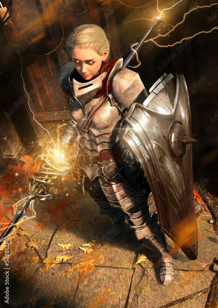 A cute paladin girl in plate armor with scales plates, she has an ...