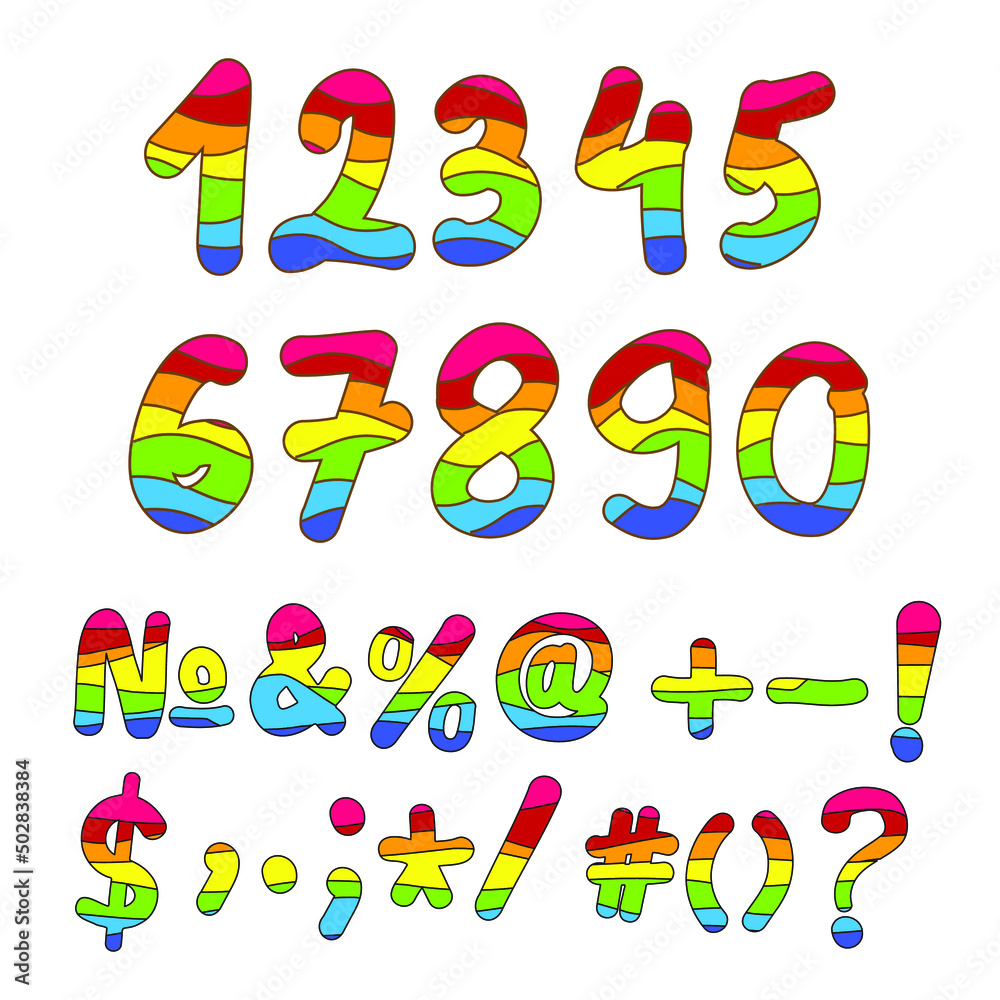 Rainbow numbers and symbols. Plus, minus, percentage, exclamation point ...