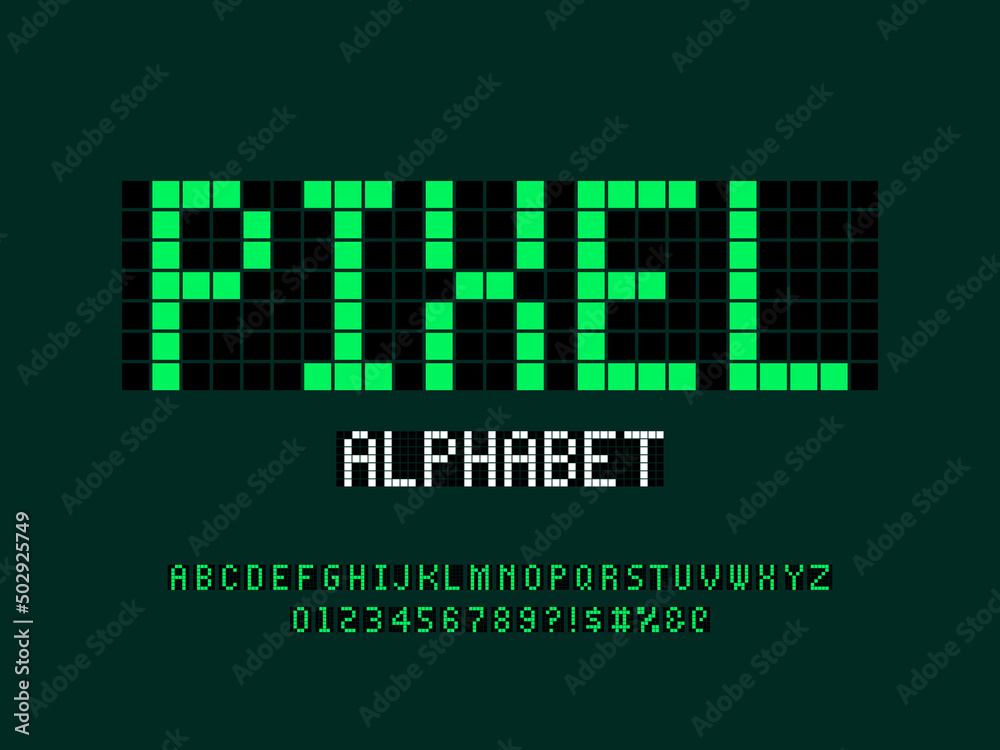 8 bit pixel style alphabet design with uppercase, numbers and symbol ...