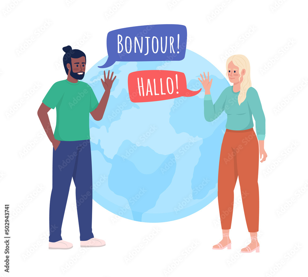 Learning language with friend 2D vector isolated illustration. Language ...