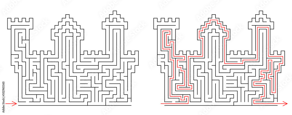 Brick castle labyrinth. Maze inside fortress with towers. Medium ...