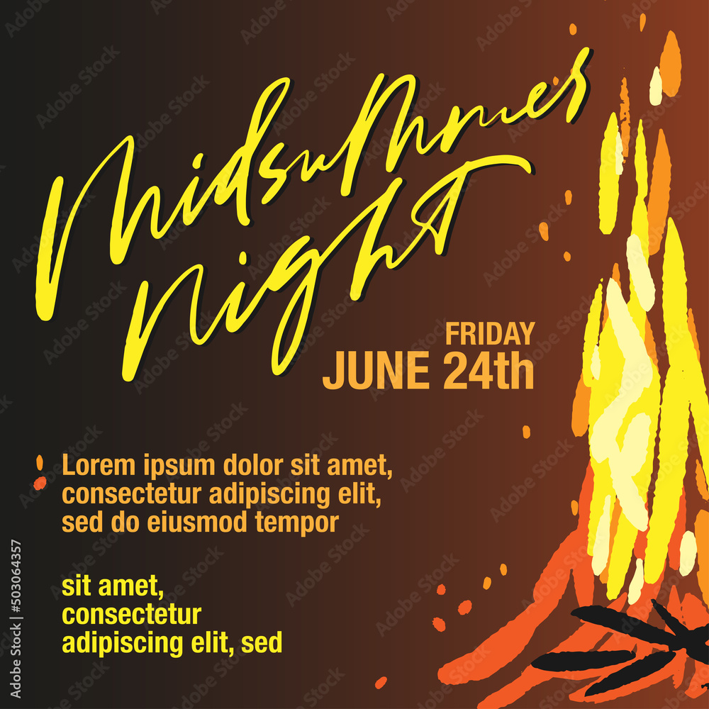 Midsummer night, June celebration banner template with bonfire clipart ...