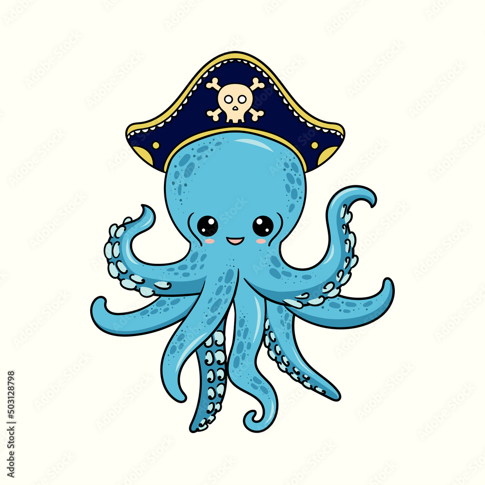 Funny blue octopus pirate in a pirate hat. Cartoon character on ...