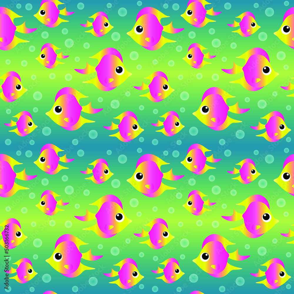Colorful cartoon fish on bright blue background seamless pattern ...