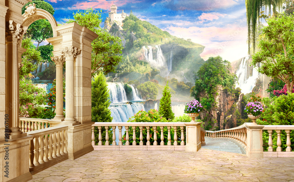Cascade of waterfalls. A terrace overlooking a beautiful landscape ...