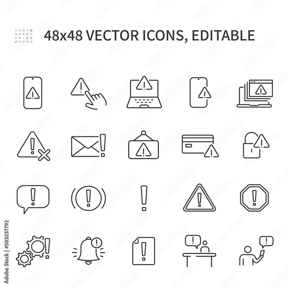 Simple vector line icons. As for warning signs, contain icons, exclamation mark, security, error ...