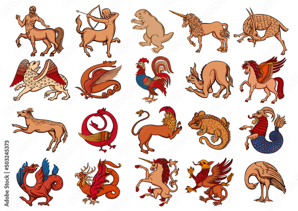 Heraldic mythical animals and creatures. Traditional character styles ...