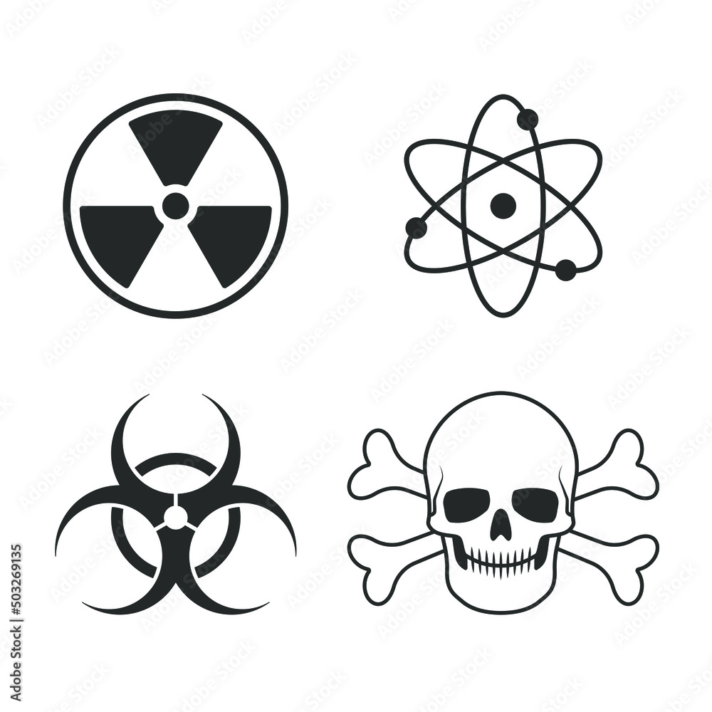 Warning sign set. Radioactive, atom, biohazard and toxic symbol ...