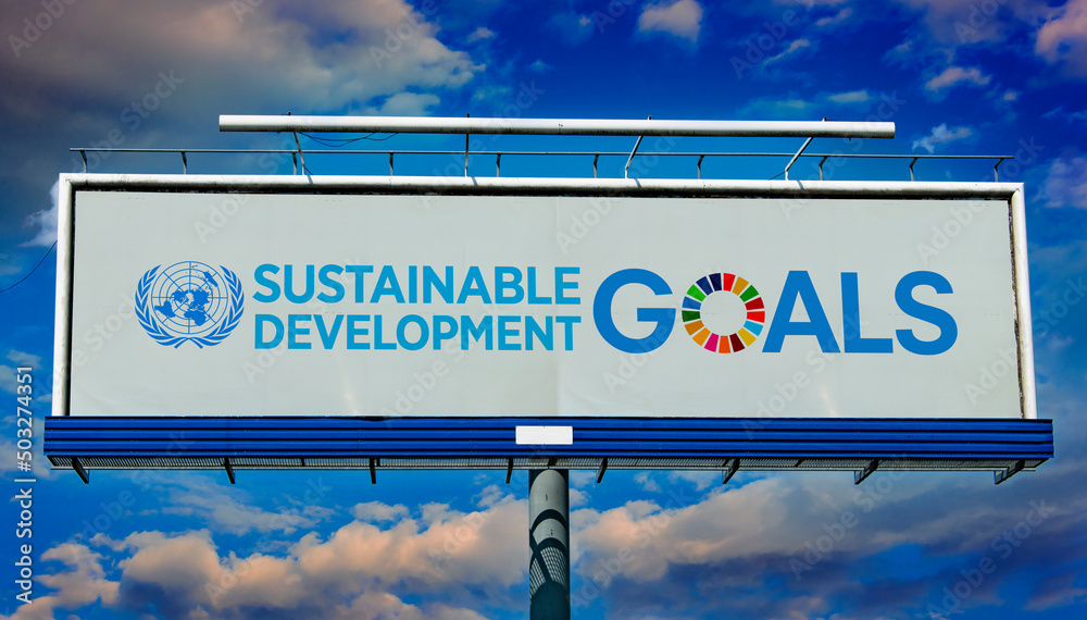 Billboard displaying logo of The Sustainable Development Goals Stock ...