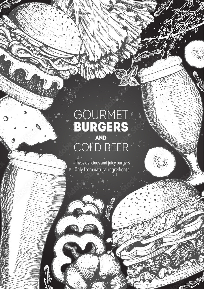 Vektor Beer and burgers vector illustration. Fast food, junk food ...