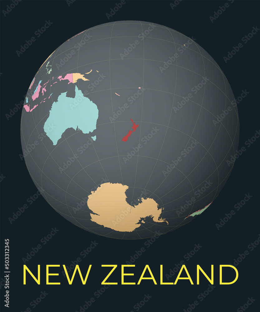World map centered on New Zealand. Red country highlighted. Satellite ...