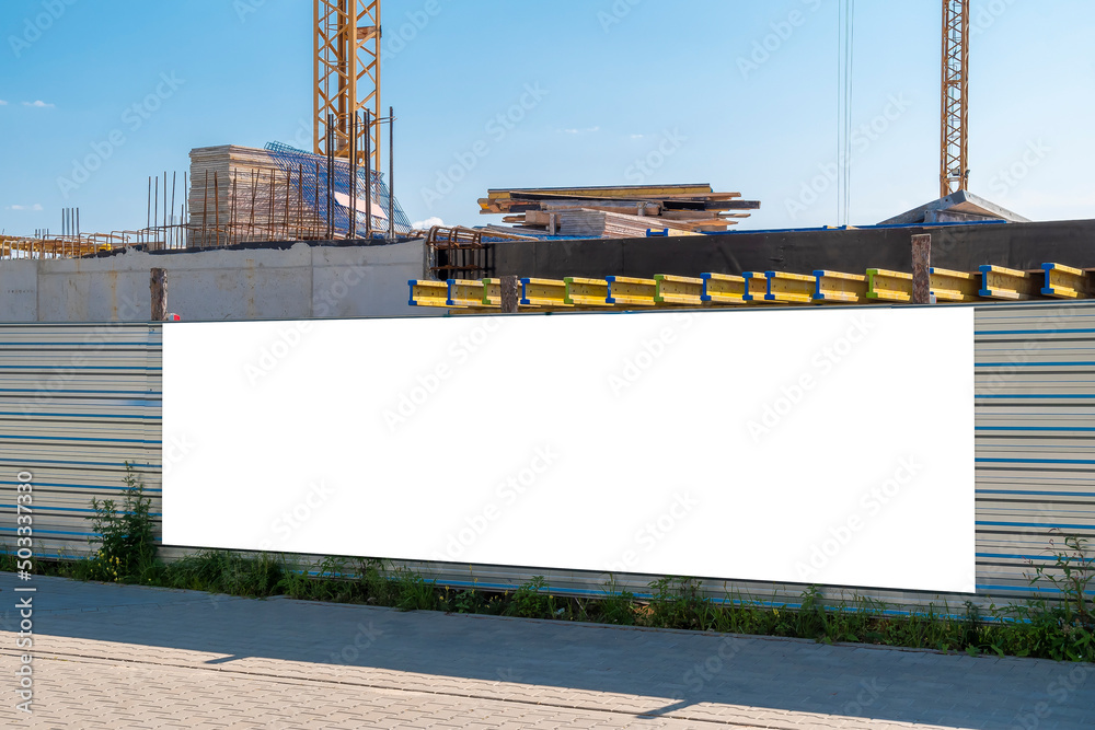 Blank white advertising banner on the construction site fence Stock ...
