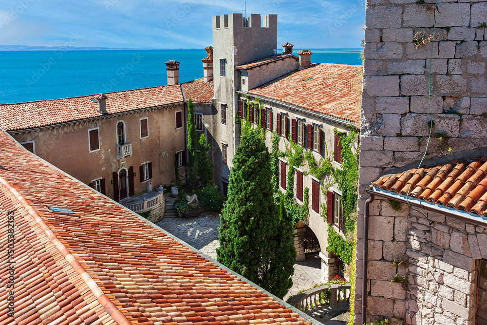 View of the coast from Duino Castle on a cliff above the Gulf of ...