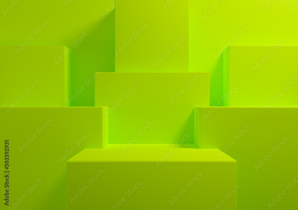 Bright, lime, neon green 3D rendering simple, minimal background for product display podium ...