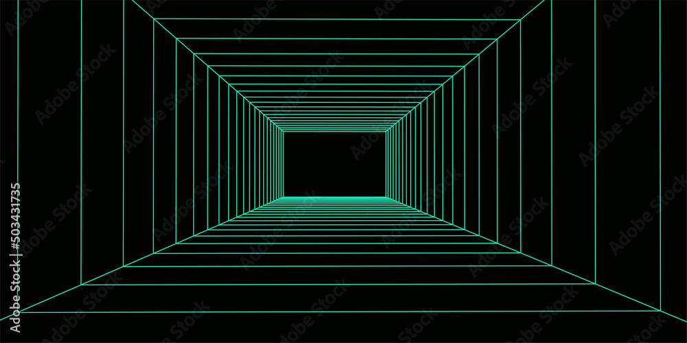 3D wireframe room green on dark background. Abstract perspective grid ...