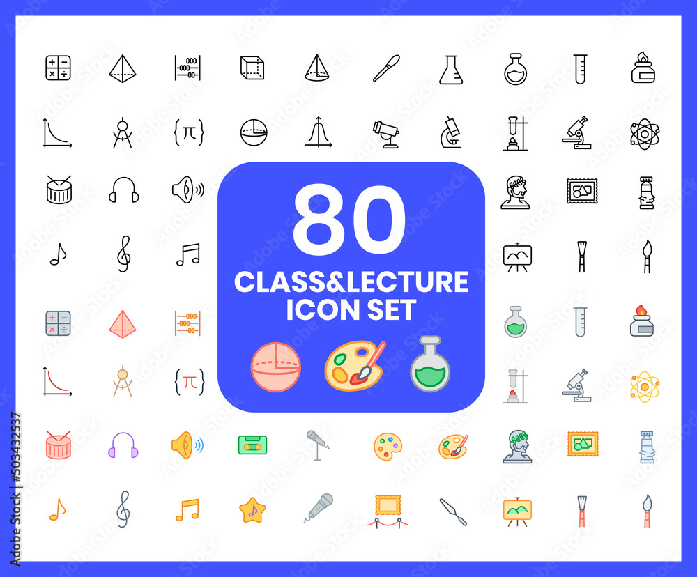 Collection of class and lecture linear icons and color icons. math ...