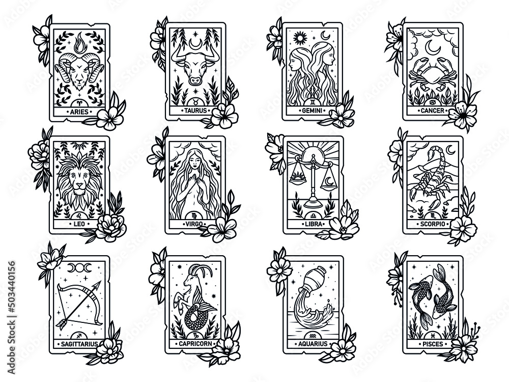 Set of astrology zodiac cards. Collection of esoteric horoscope card ...