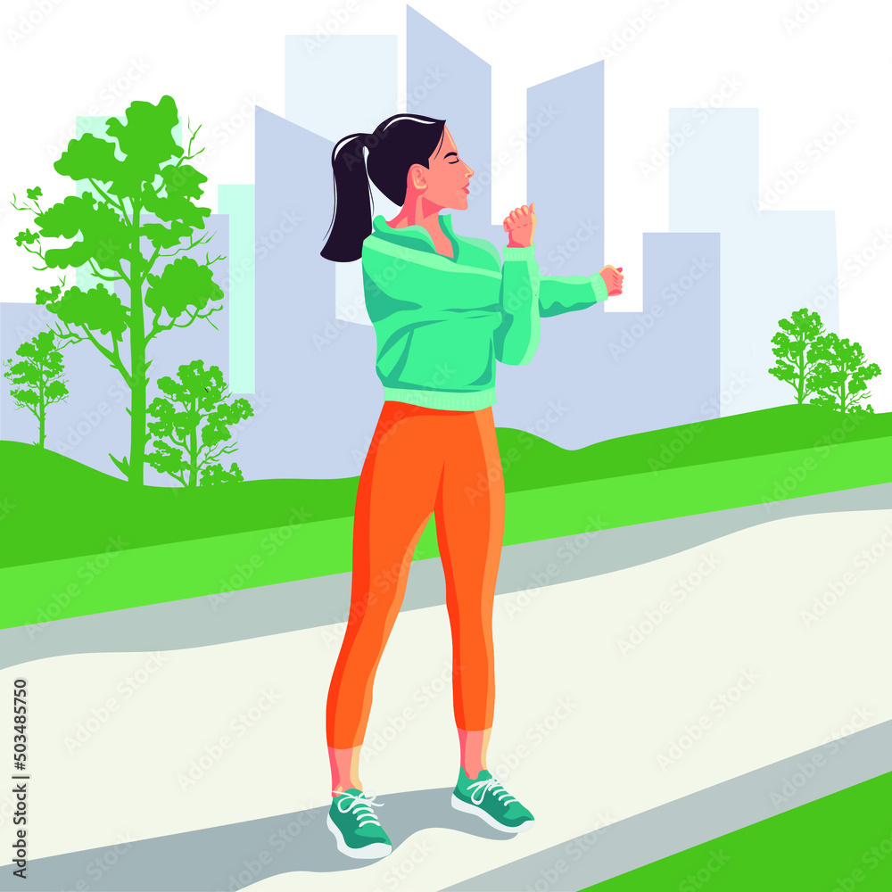 Vector design of a Young woman in training stretching with the city ...