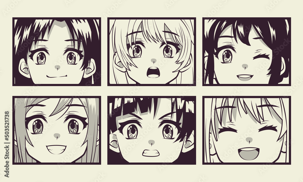 six girls anime faces Stock Vector | Adobe Stock