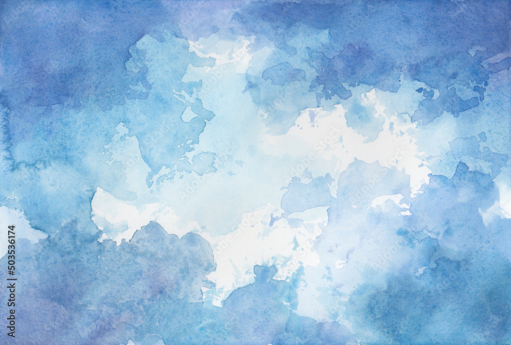 Hand painted watercolor background. Blotches of blue paint with ...