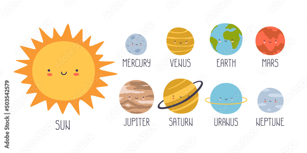Set of cute solar system planets with smiling faces. Kawaii planetary ...