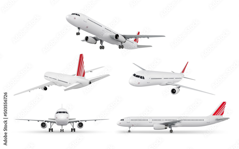 Realistic aircraft set. Passenger airplane in different views. 3d ...