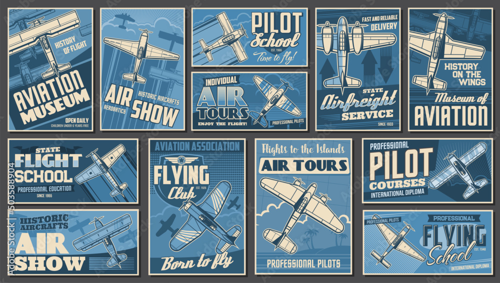 Aviation museum, flying school and air tours vintage banners. Retro ...