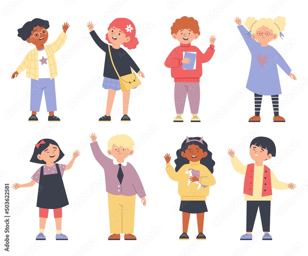 Cute children waving hand cartoon characters flat vector illustration ...
