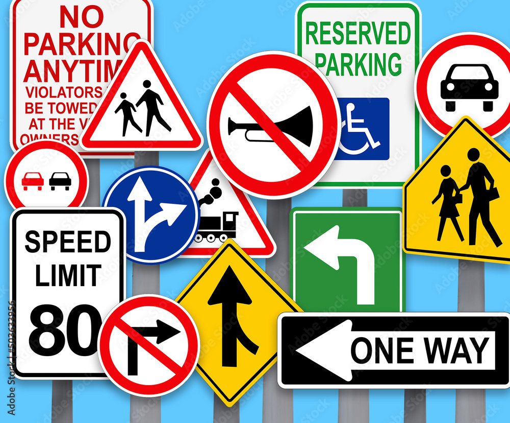 Collection of different traffic signs on turquoise background Stock ...