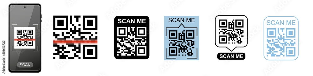 QR code frame vector set and scanning phone. Scan me phone tag. Template of QR code for mobile ...