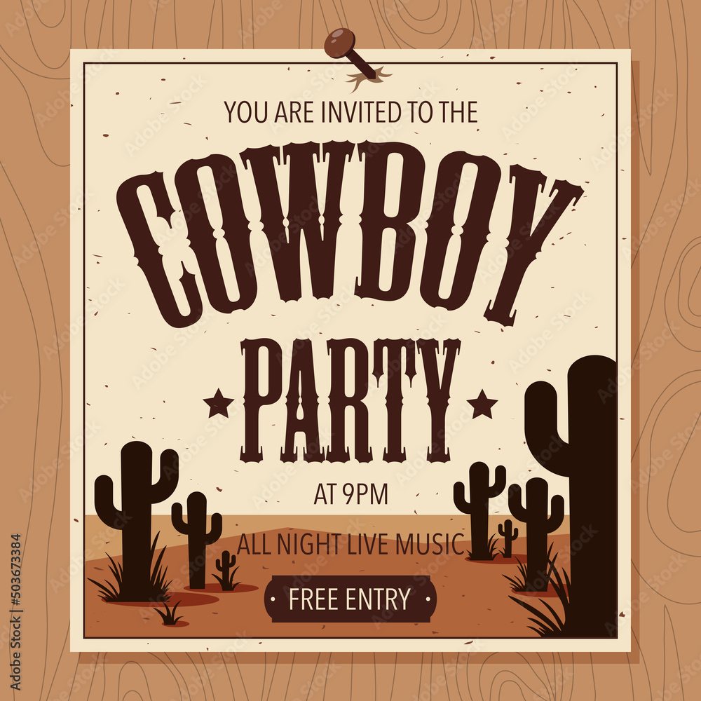 Cowboy party vector illustration in flat style. Western cowboy party ...