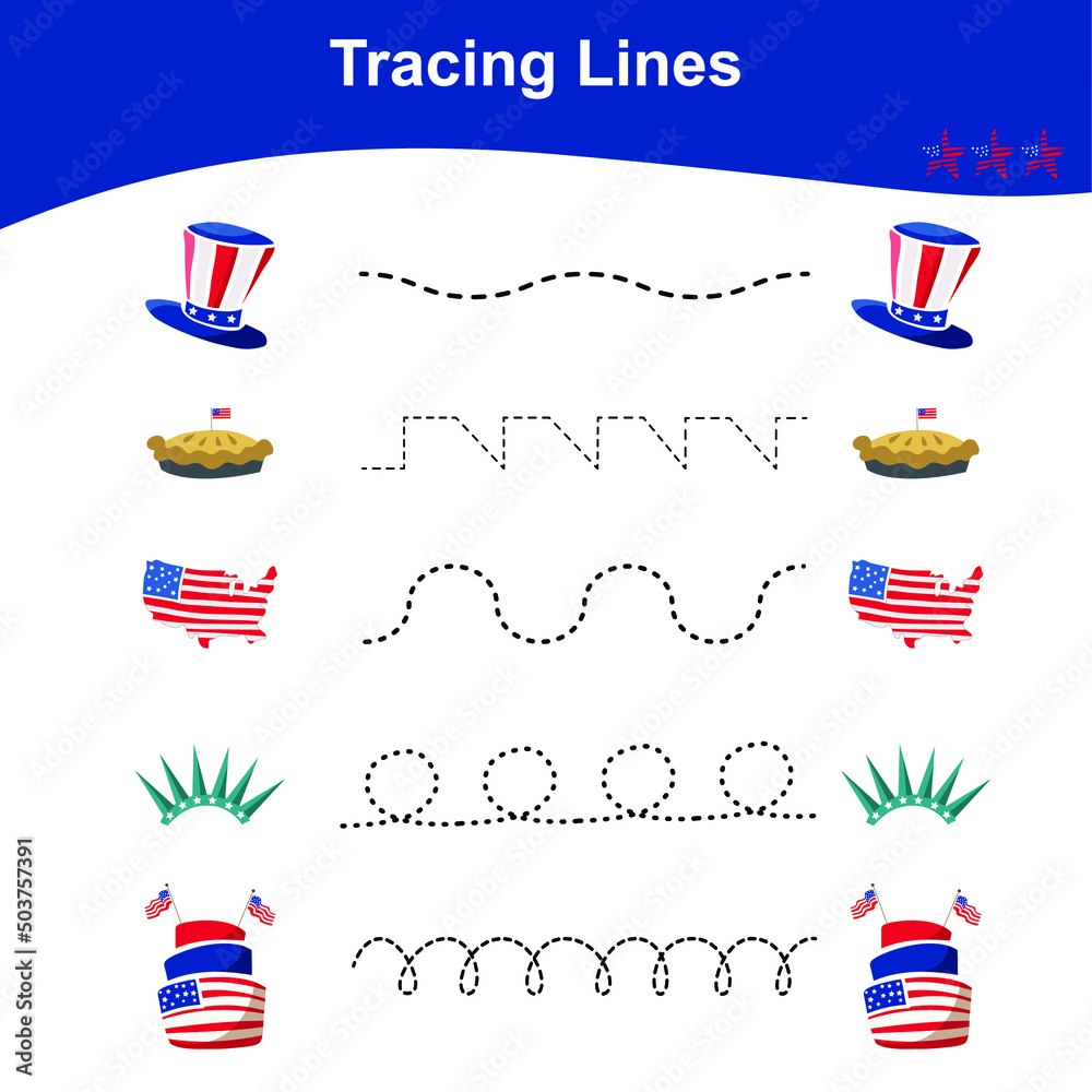 Tracing Lines Game Fourth July Edition. Worksheet activity for ...