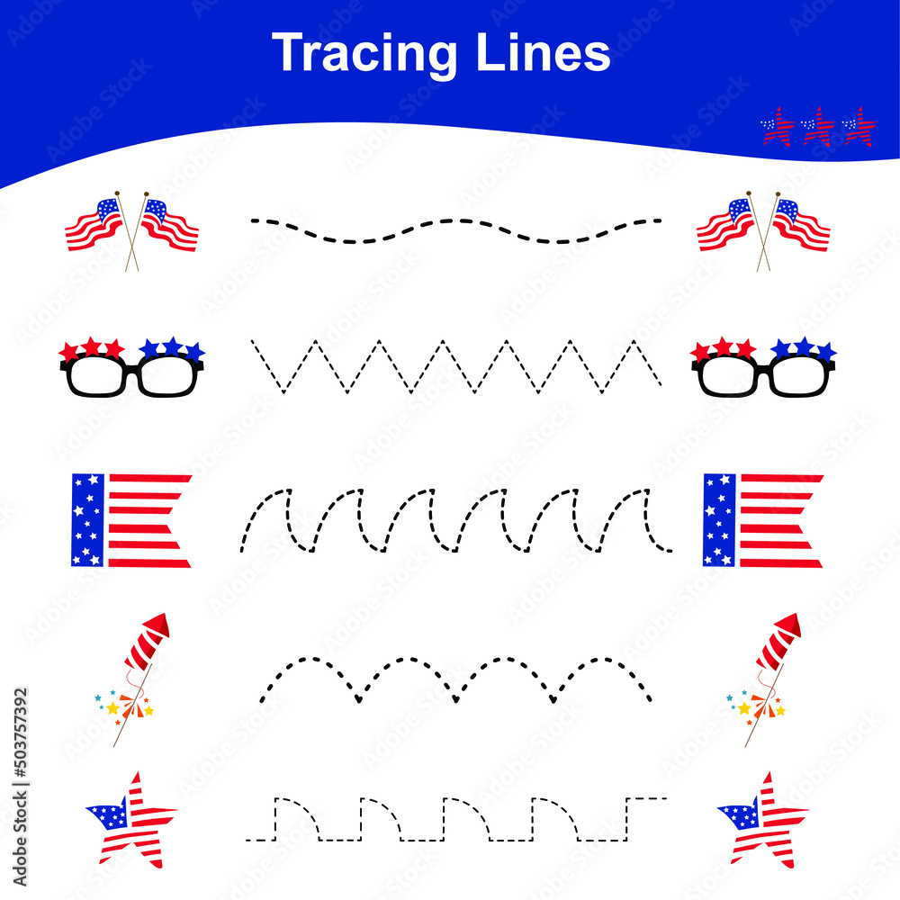 Tracing Lines Game Fourth July Edition. Worksheet activity for ...