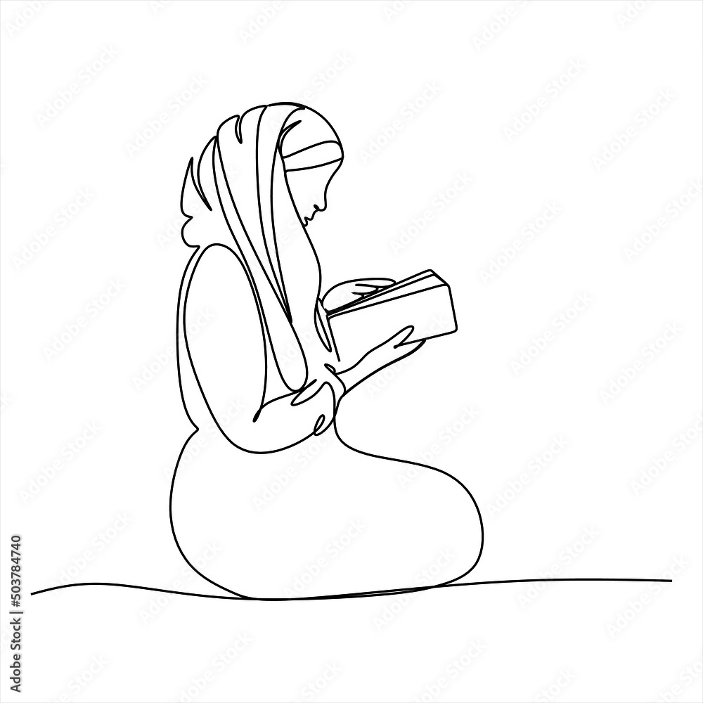continuous single drawn one line Muslim girl student drawn by hand ...