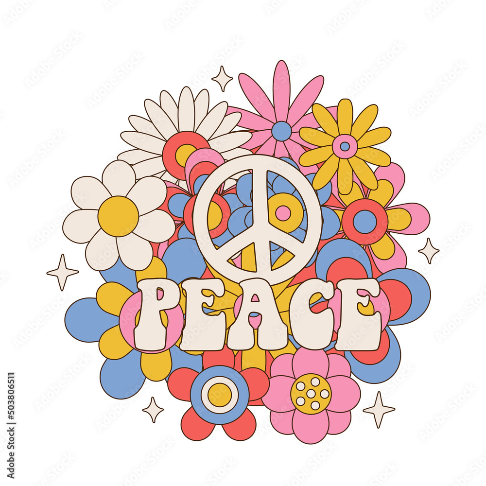 Peace sign and word on colorful flowers round daisy bouquet isolated on ...