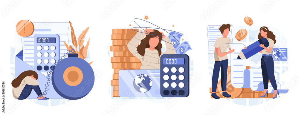 Characters having financial problems, debts and loans. People holding ...