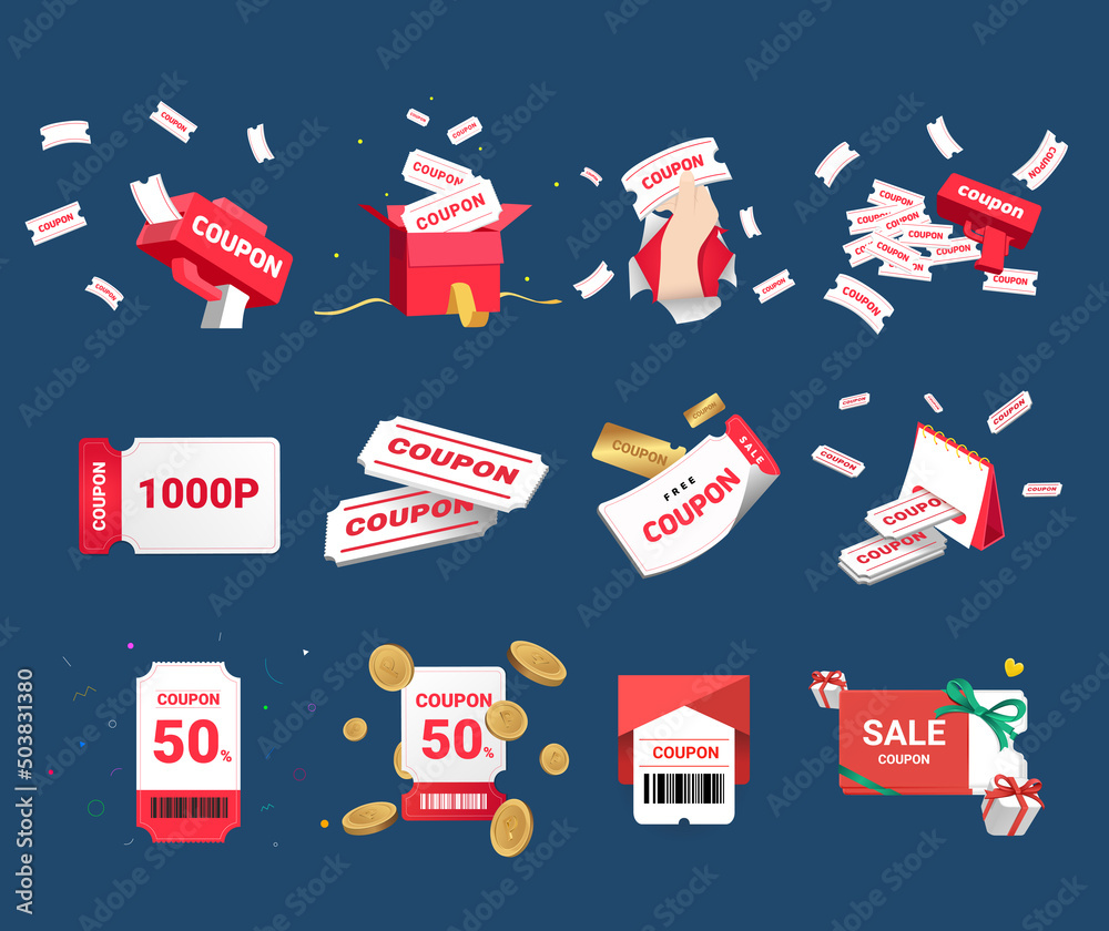 Variety coupon pack illustration set. 3d, pay, coin, gift box, point ...