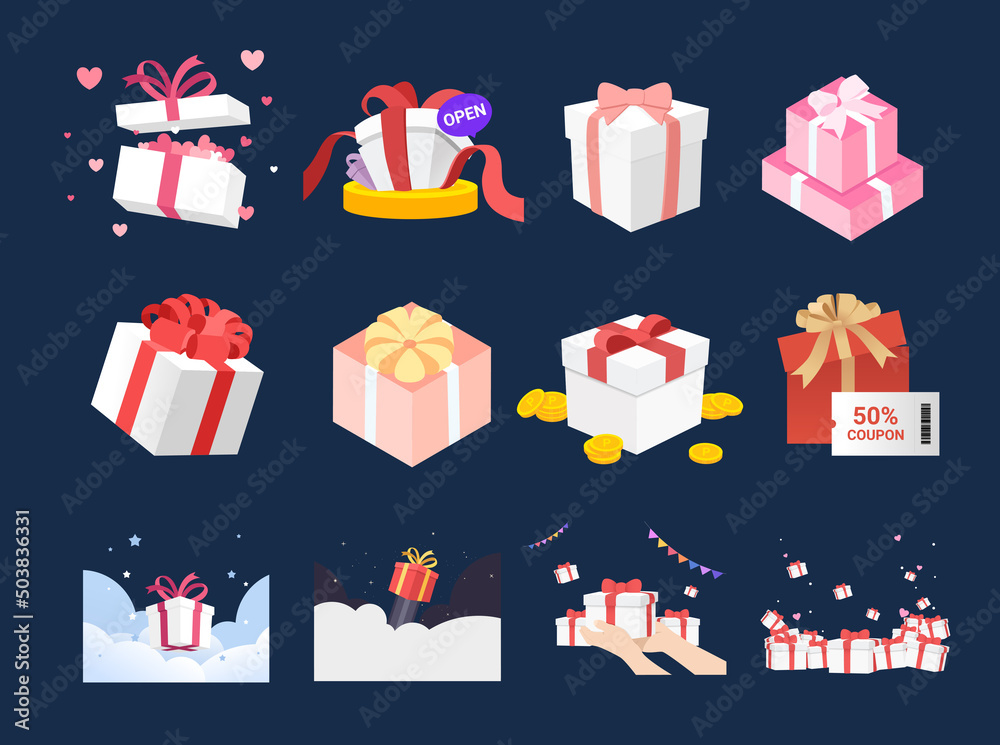 event gift box package illustration set. present, ribbon, heart ...