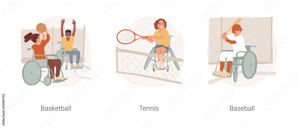 Sports for disabled kids isolated cartoon vector illustration set ...