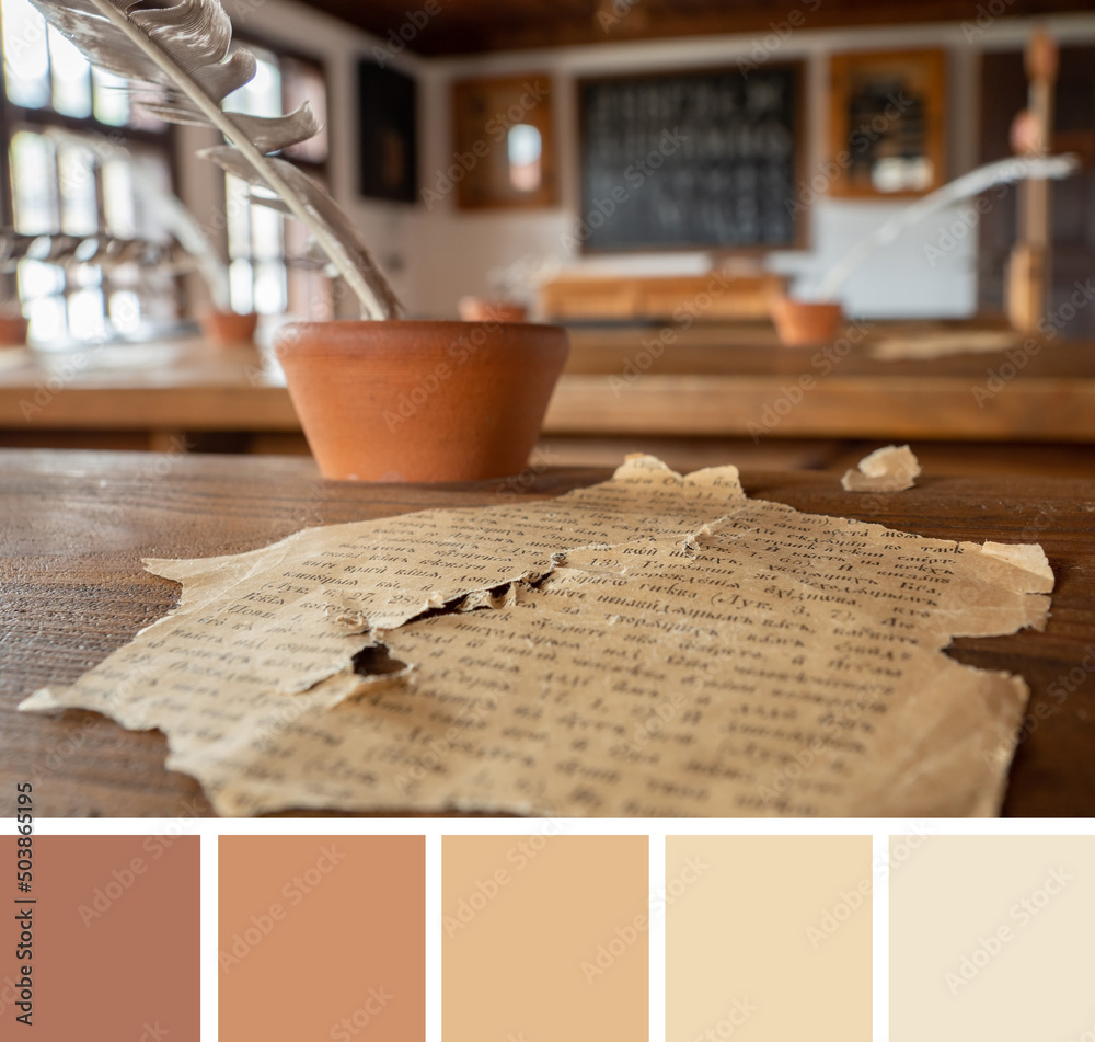 Color palette swatches of beige old sheet of paper, brown ceramic pot ...