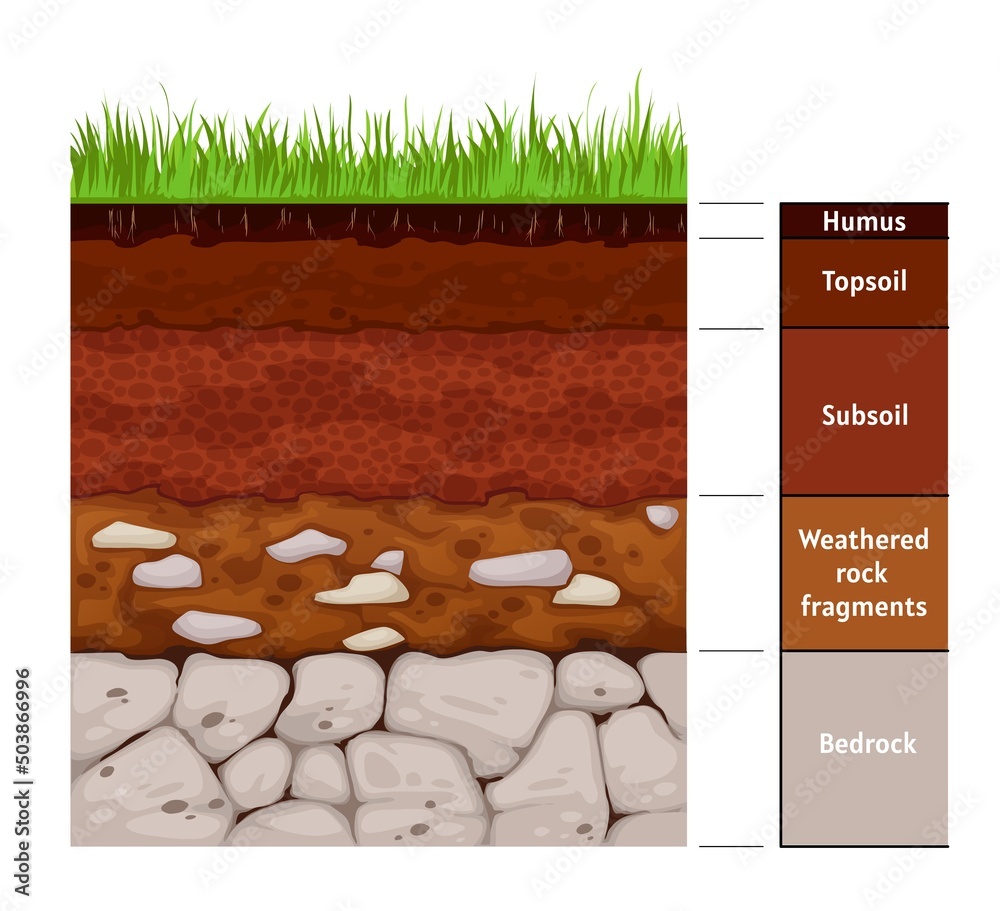 Soil layer infographic, earth geology formation bedrock, weathered rock ...